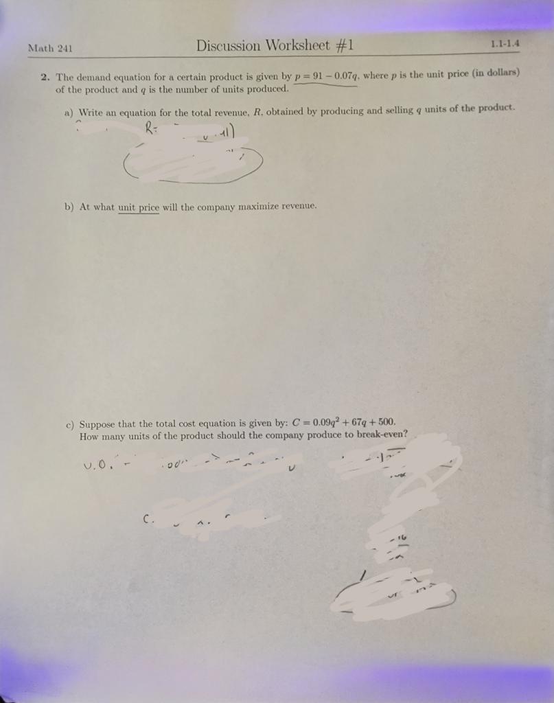 Solved Math 241 Discussion Worksheet #1 1.1-1.4 2. The | Chegg.com