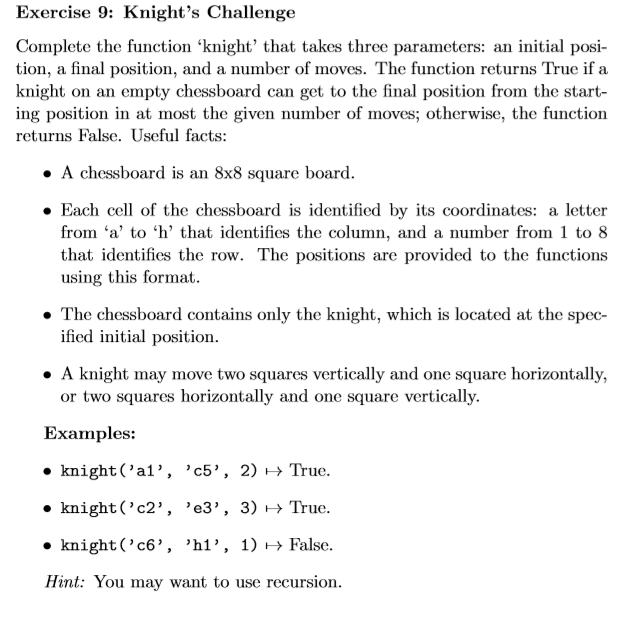 Solved Exercise 9: Knight's Challenge Complete the function | Chegg.com