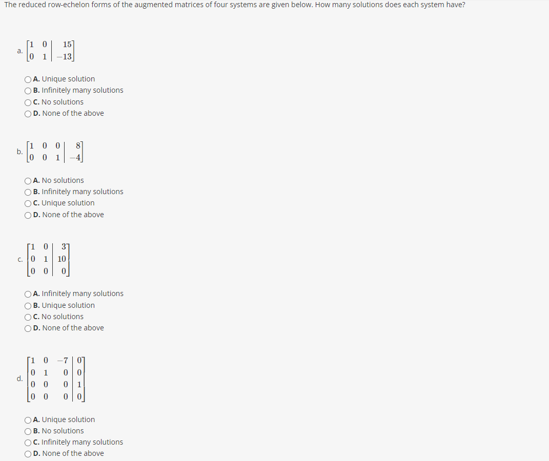 Solved The reduced row-echelon forms of the augmented | Chegg.com