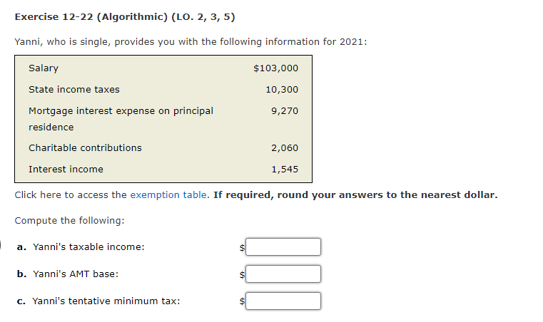 Solved " Exercise 12-22 (Algorithmic) (LO. 2, 3, 5) Yanni, | Chegg.com