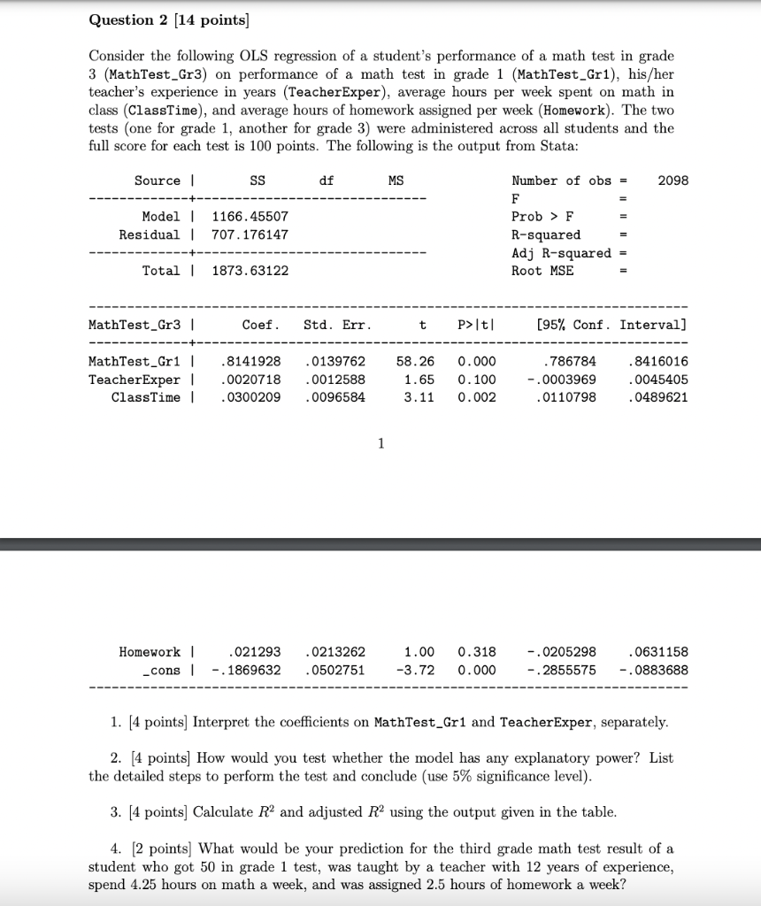 Solved Consider the following OLS regression of a student's | Chegg.com