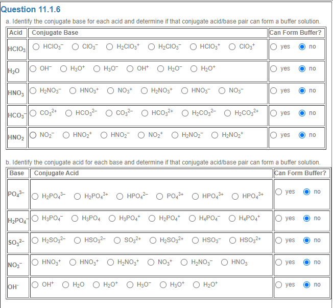 Solved Question 11.1.6 a. Identify the conjugate base for | Chegg.com