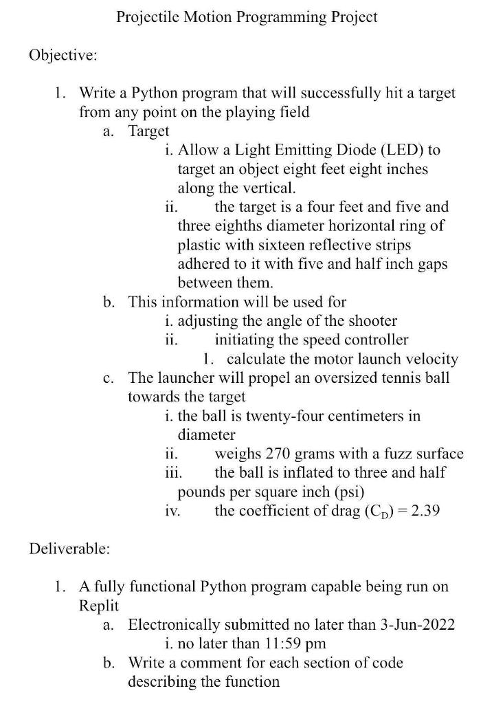 Solved Projectile Motion Programming Project Objective: 1. | Chegg.com