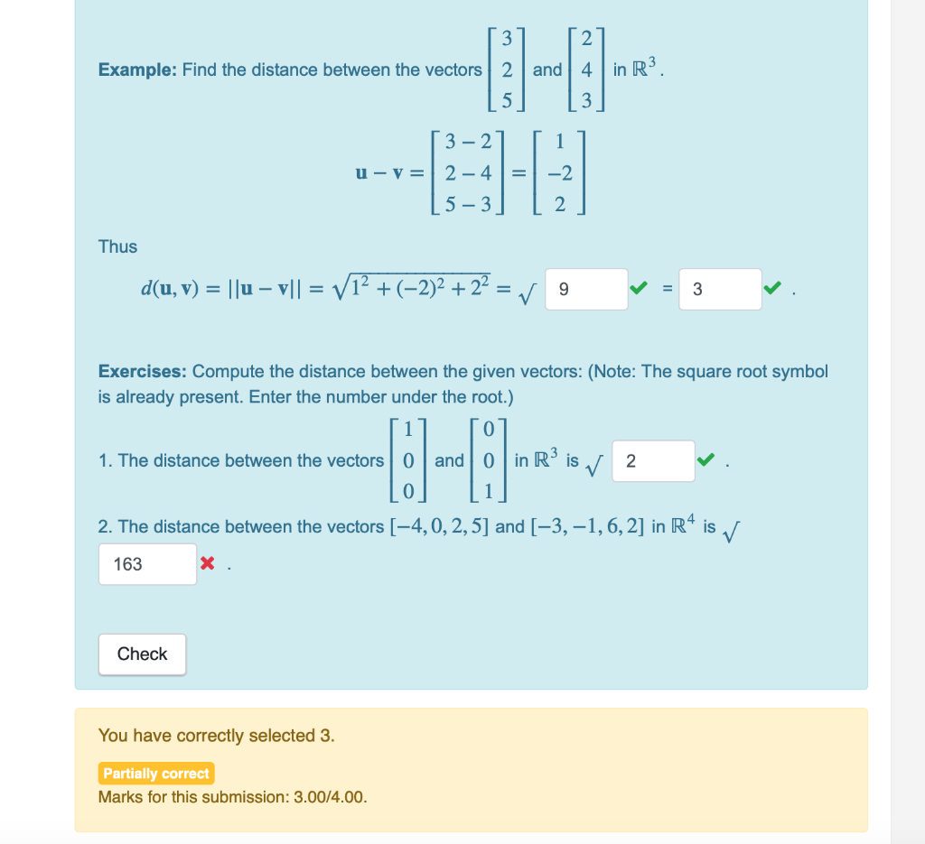 Solved Question 4 Distance Between Vectors Partially correct | Chegg.com