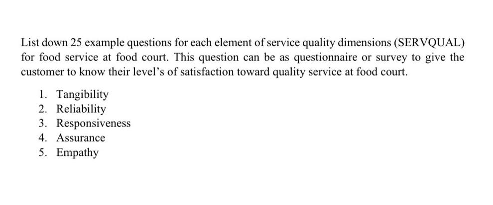 Solved List down 25 example questions for each element of | Chegg.com