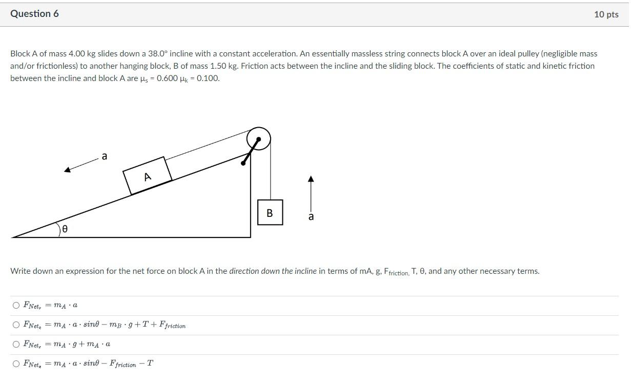 Solved Block A of mass 4.00 kg slides down a 38.0∘ incline | Chegg.com