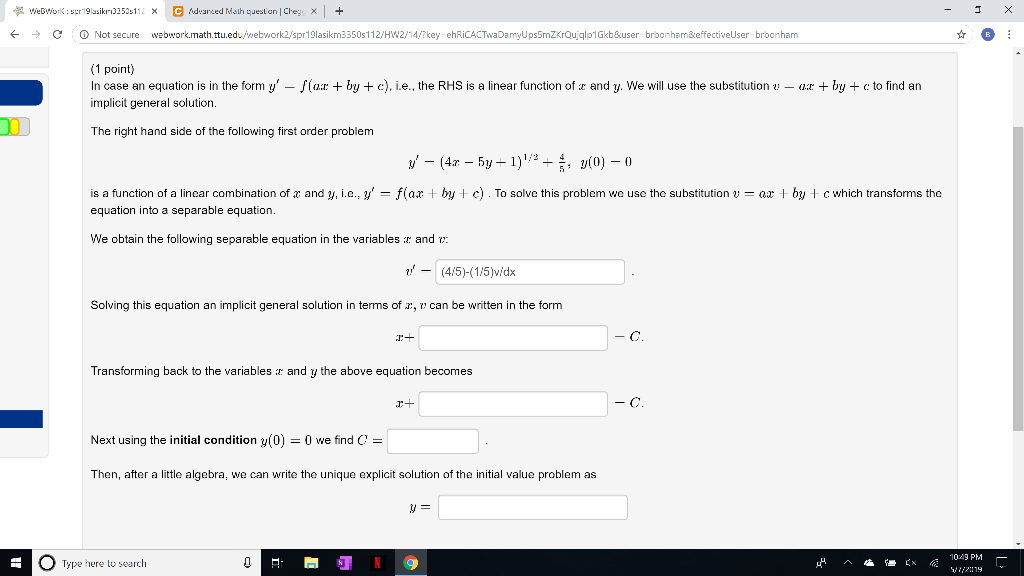 Solved ← → С ⓘNot secure webwork.math.ttu.edu/web | Chegg.com