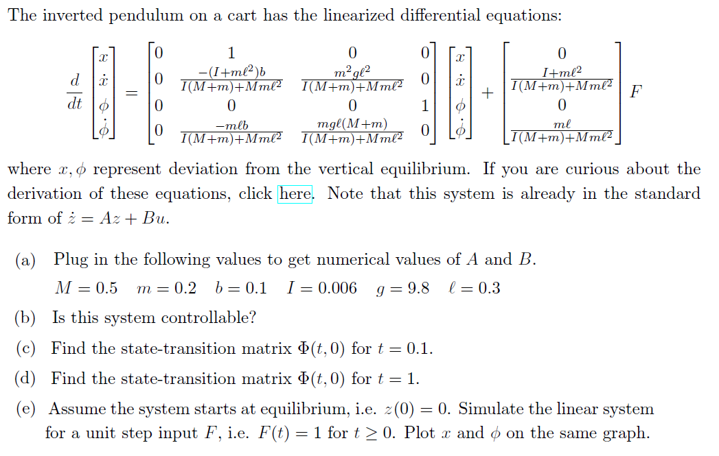 Solved The Inverted Pendulum On A Cart Has The Linearized