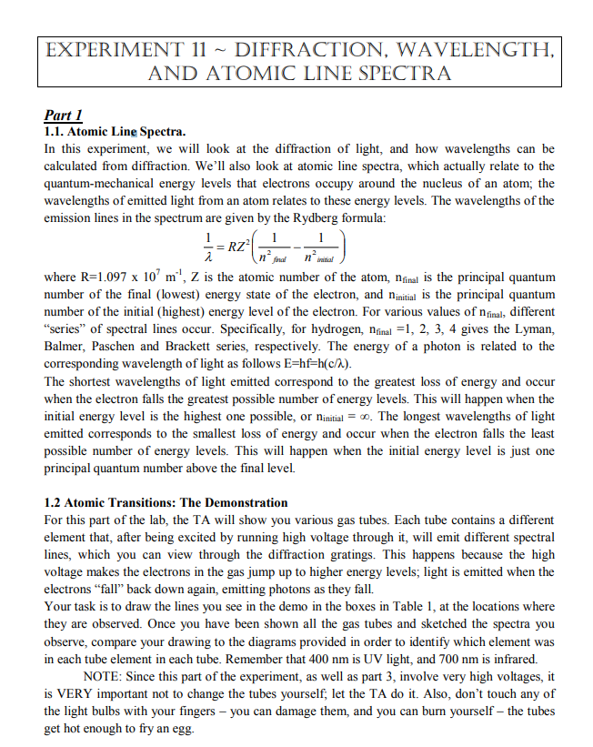 Solved EXPERIMENT 11 – DIFFRACTION, WAVELENGTH, AND ATOMIC | Chegg.com