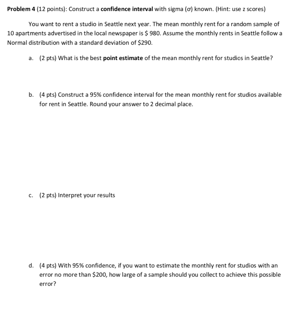 Solved Problem 4 (12 points): Construct a confidence | Chegg.com