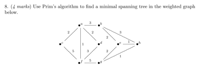Solved 8. (4 marks) Use Prim's algorithm to find a minimal | Chegg.com