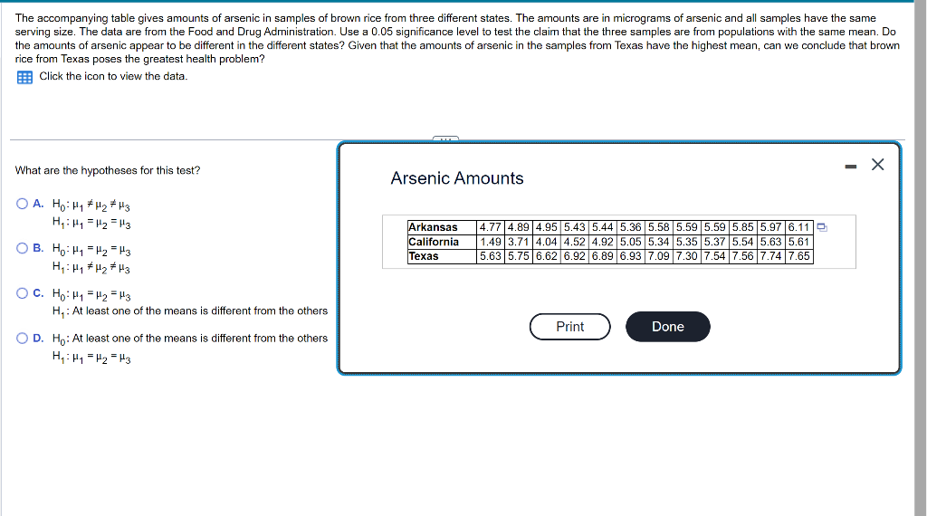 Solved The accompanying table gives amounts of arsenic in | Chegg.com