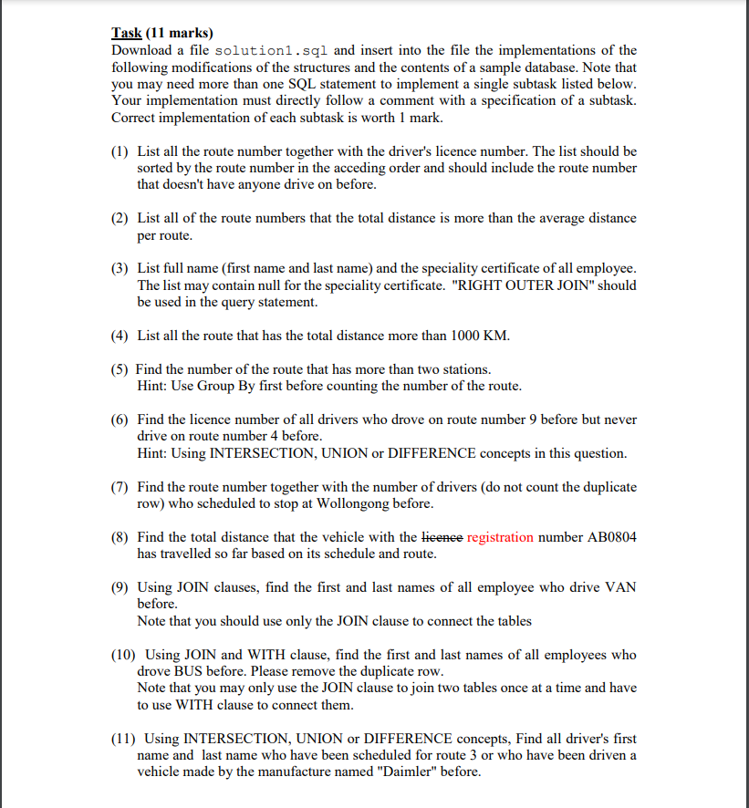 Solved Task (11 marks) Download a file solution1.sql and | Chegg.com