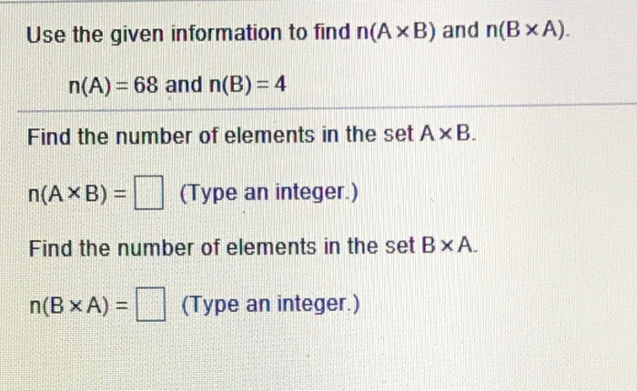 Solved Use the given information to find n(A×B) and n(BA). | Chegg.com