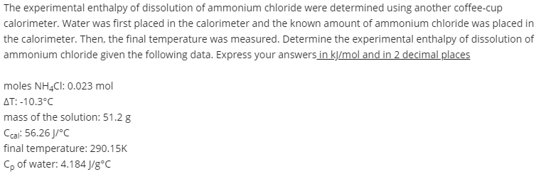 Solved The experimental enthalpy of dissolution of ammonium | Chegg.com