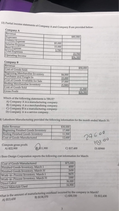 Solved 13) Partial income statements of Company A and | Chegg.com