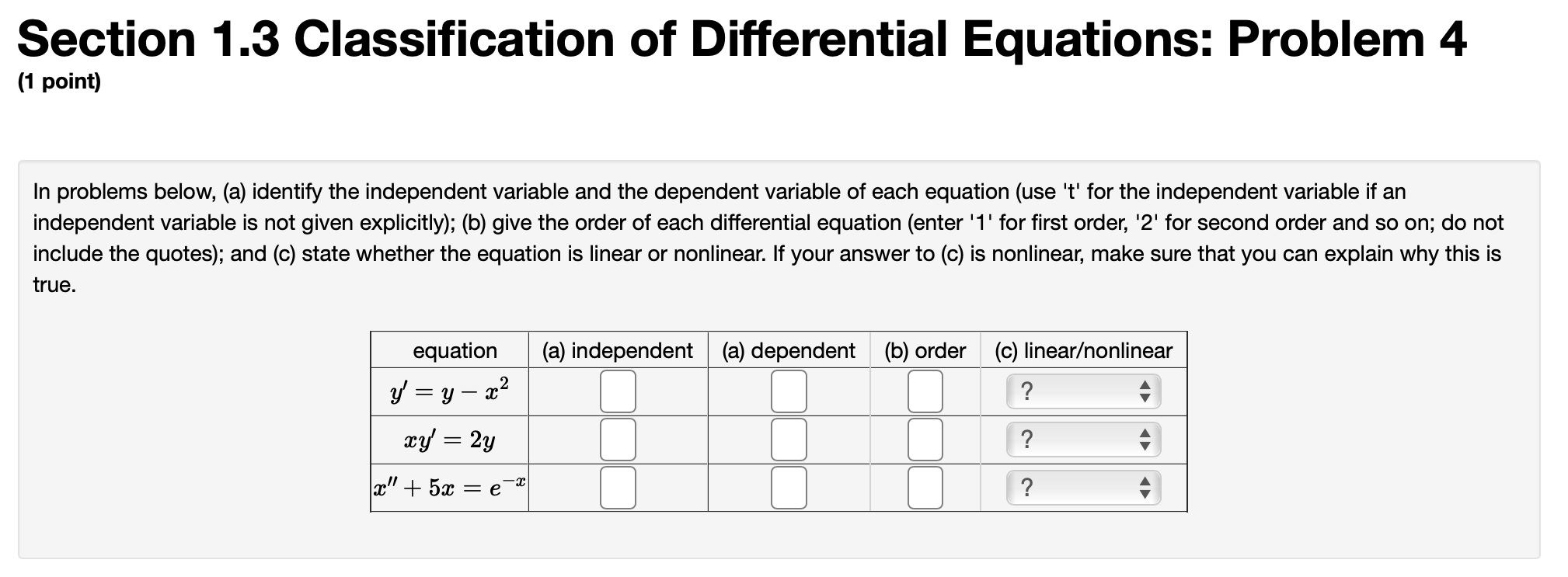Solved Section 1.3 Classification of Differential Equations: | Chegg.com