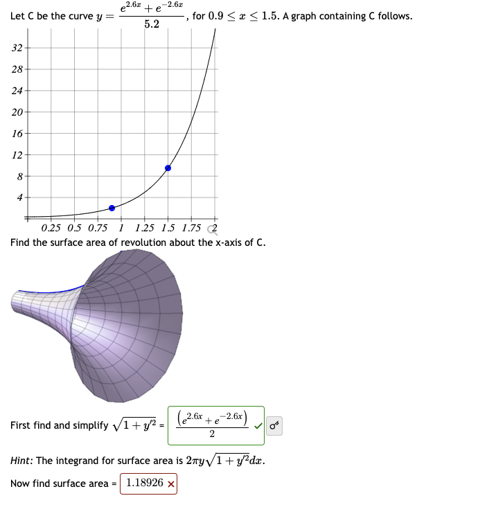 Solved Let C be the curve y=5 ? e2.6x+e−2.6x, for 0.9≤x≤1.5. | Chegg.com