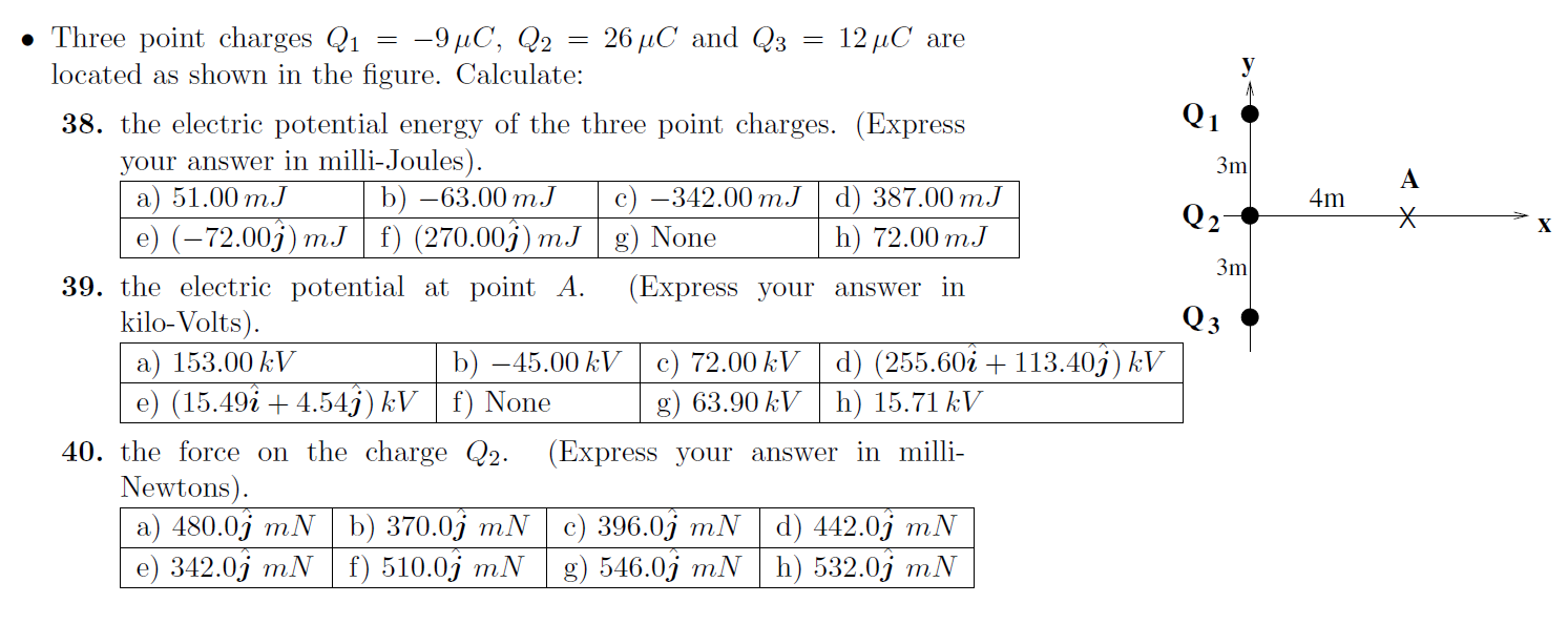 Solved = Q1 3m A 4m Q2 * X 3m • Three point charges Q1 = | Chegg.com