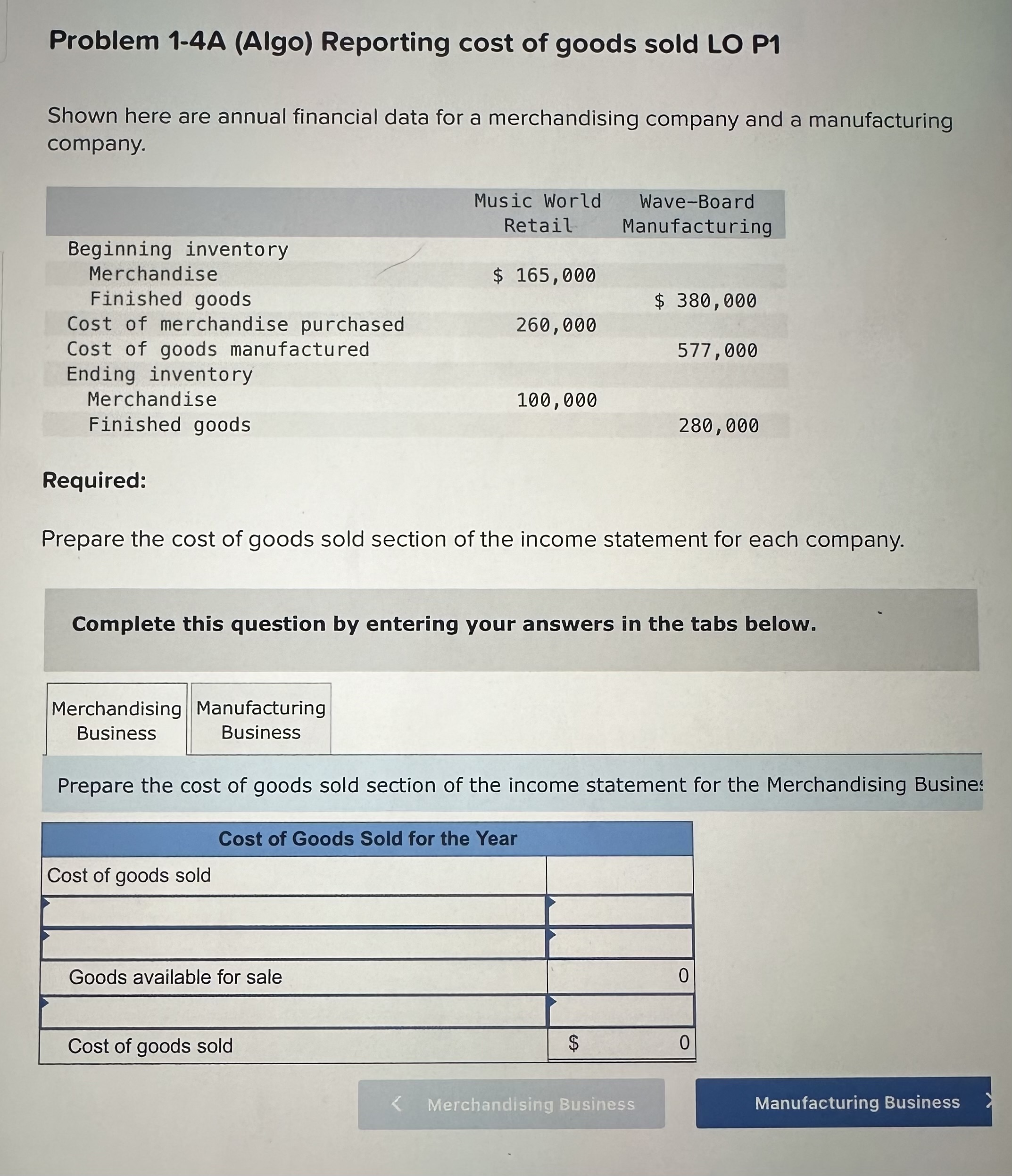 Solved Problem 1-4A (Algo) Reporting cost of goods sold LO | Chegg.com