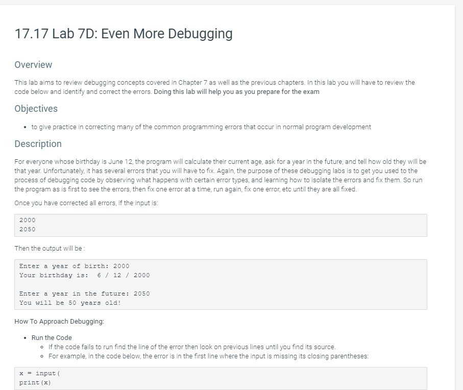 Solved 17.17 Lab 7D: Even More Debugging Overview This lab | Chegg.com
