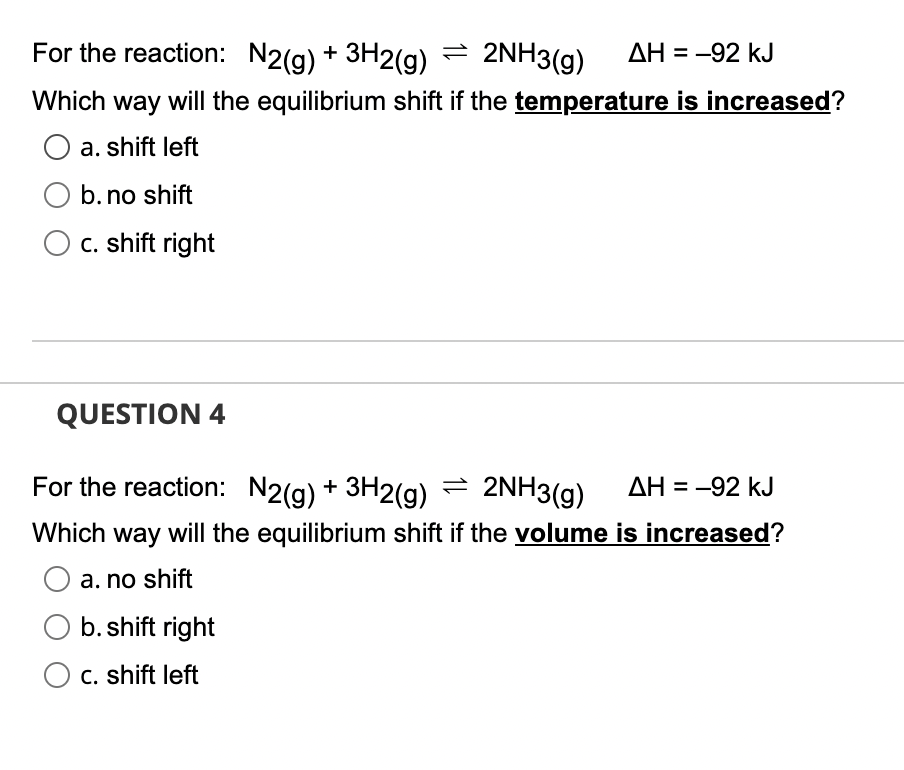 Solved For the reaction: N2(g) + 3H2(g) = 2NH3(g) AH = -92 | Chegg.com