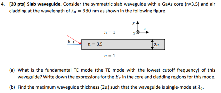 Solved [20 pts] Slab waveguide. Consider the symmetric slab | Chegg.com