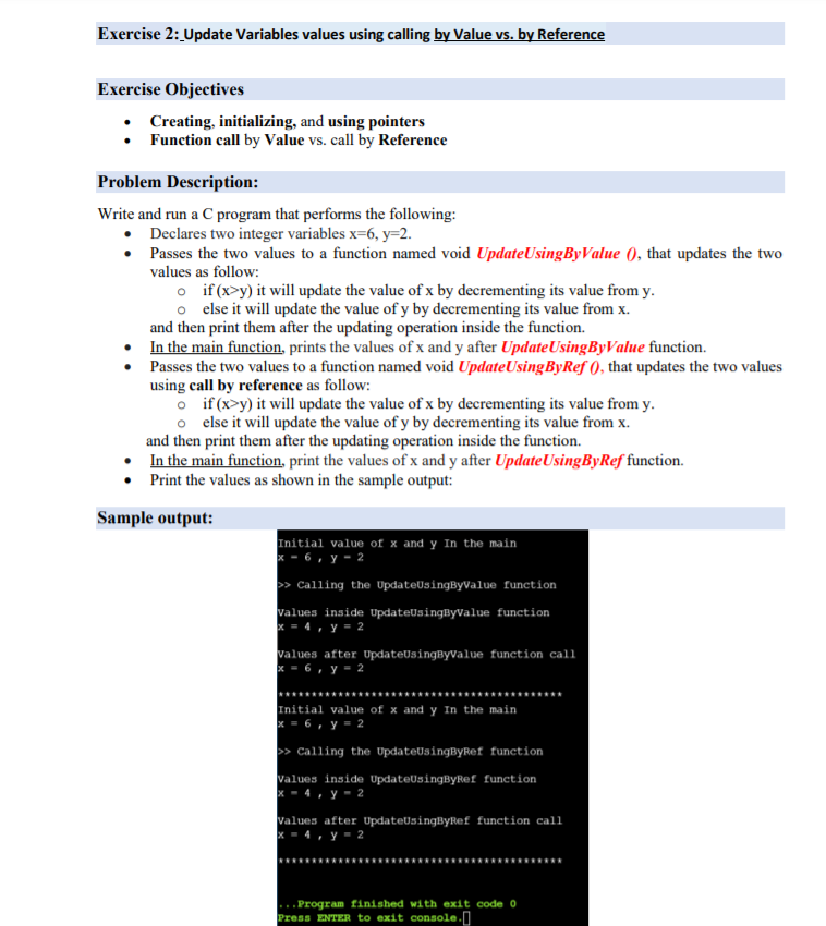 Solved Exercise 2: Update Variables values using calling by | Chegg.com