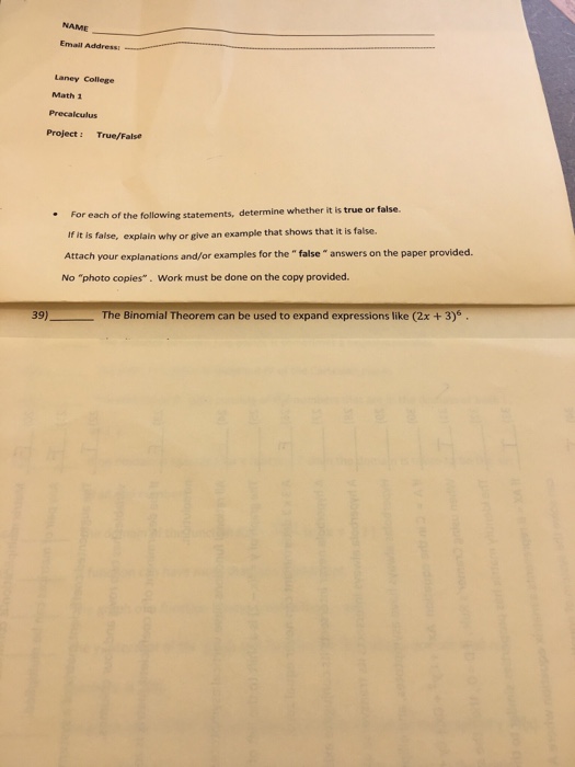 Solved NAME Laney College Math 1, Precalculus Project For | Chegg.com