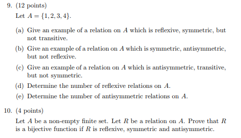 Solved 9. (12 points Let A-(1.2.3.4). (a) Give an example of | Chegg.com