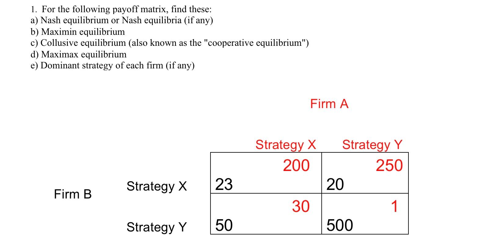 Solved 1. For the following payoff matrix, find these: a) | Chegg.com