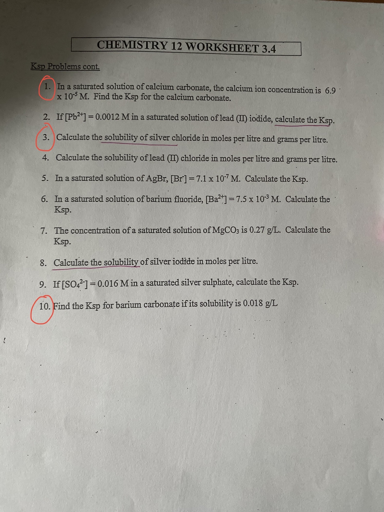 Solved CHEMISTRY 12 WORKSHEET 3.4 Ksp Problems cont. 1. In | Chegg.com