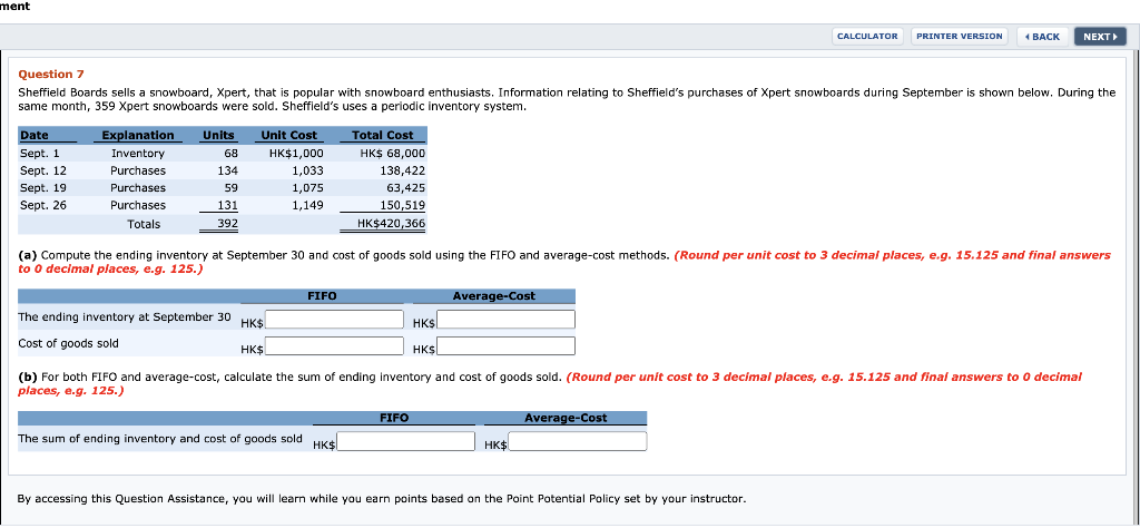 Solved ment CALCULATOR PRINTER VERSION BACK NEXT Question 7 | Chegg.com