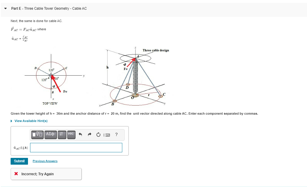 Solved Part E - Three Cable Tower Geometry - Cable AC Next, | Chegg.com