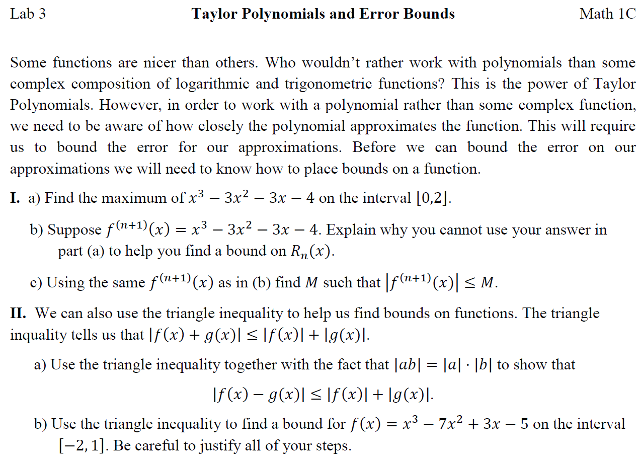 Solved Lab 3 Taylor Polynomials and Error Bounds Math 1C | Chegg.com