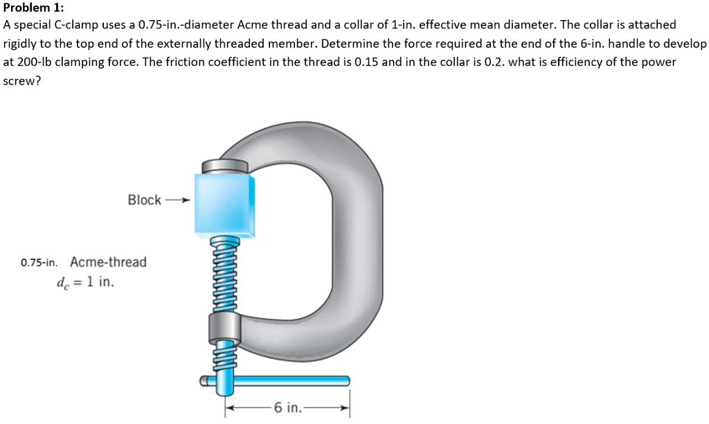 Solved Problem 1: A special C-clamp uses a 0.75-in.-diameter | Chegg.com