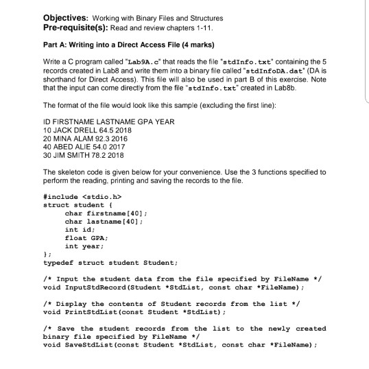 Objectives: Working with Binary Files and Structures | Chegg.com