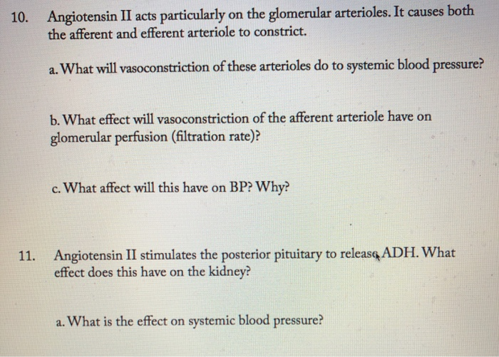 Solved Angiotensin II acts particularly on the glomerular | Chegg.com
