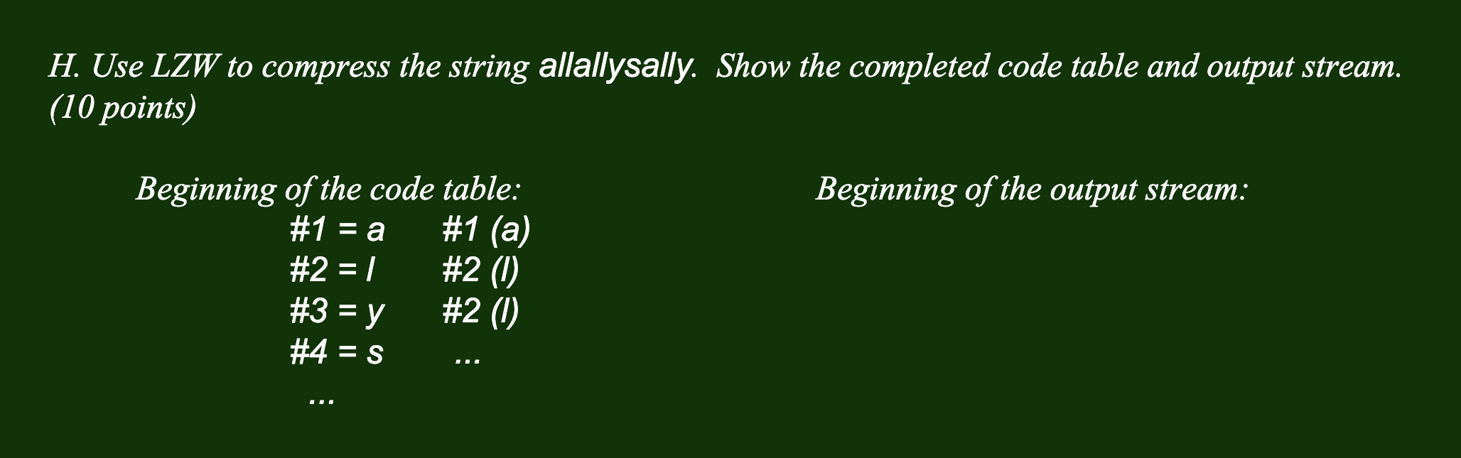 Solved H. Use LZW to compress the string allallysally. Show | Chegg.com