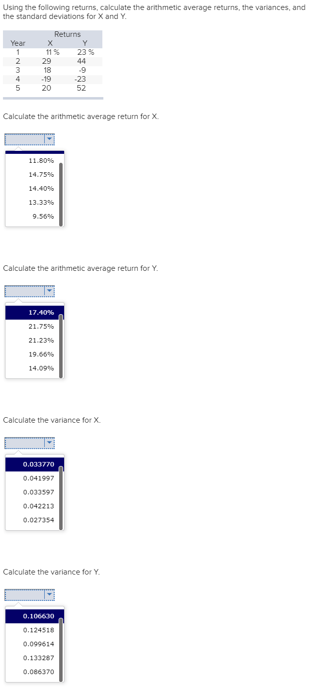 Solved Using the following returns, calculate the arithmetic | Chegg.com