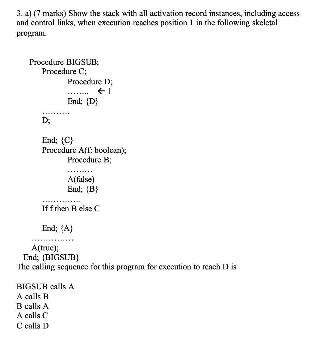 Solved 3. a) (7 marks) Show the stack with all activation | Chegg.com
