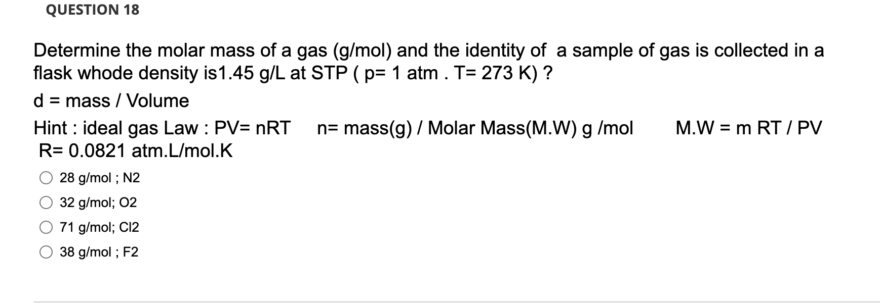 Solved Determine the molar mass of a gas (g/mol) and the | Chegg.com