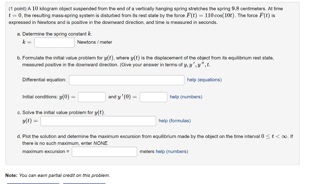 Solved (1 point) A 10 kilogram object suspended from the end | Chegg.com
