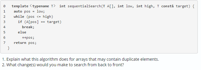 Solved 0 1 2 m in template int sequentialSearch(T A[], int | Chegg.com