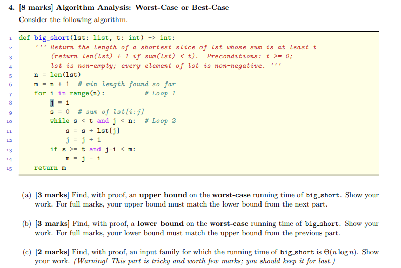4. (8 marks] Algorithm Analysis: Worst-Case or | Chegg.com