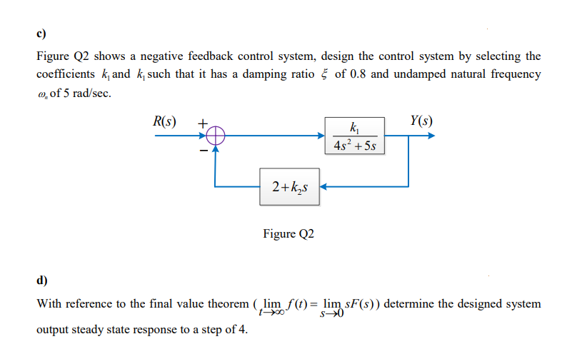 Solved c) Figure Q2 shows a negative feedback control | Chegg.com