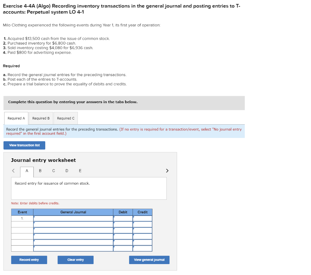 Solved Exercise 4-4A (Algo) Recording inventory transactions | Chegg.com
