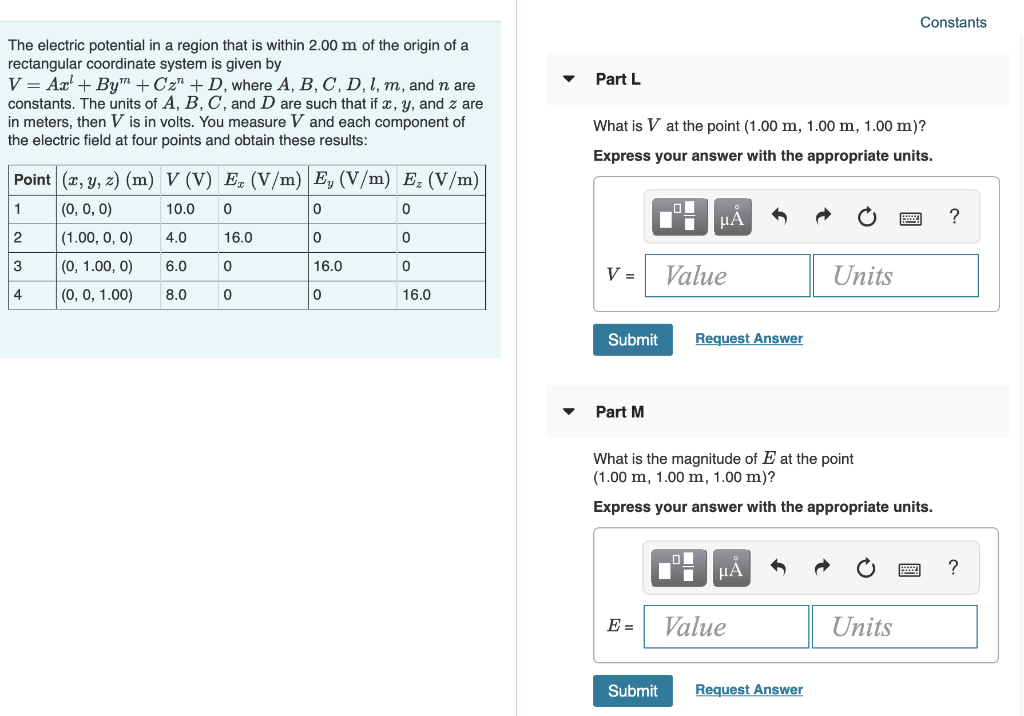Solved Constants Part H The electric potential in a region | Chegg.com