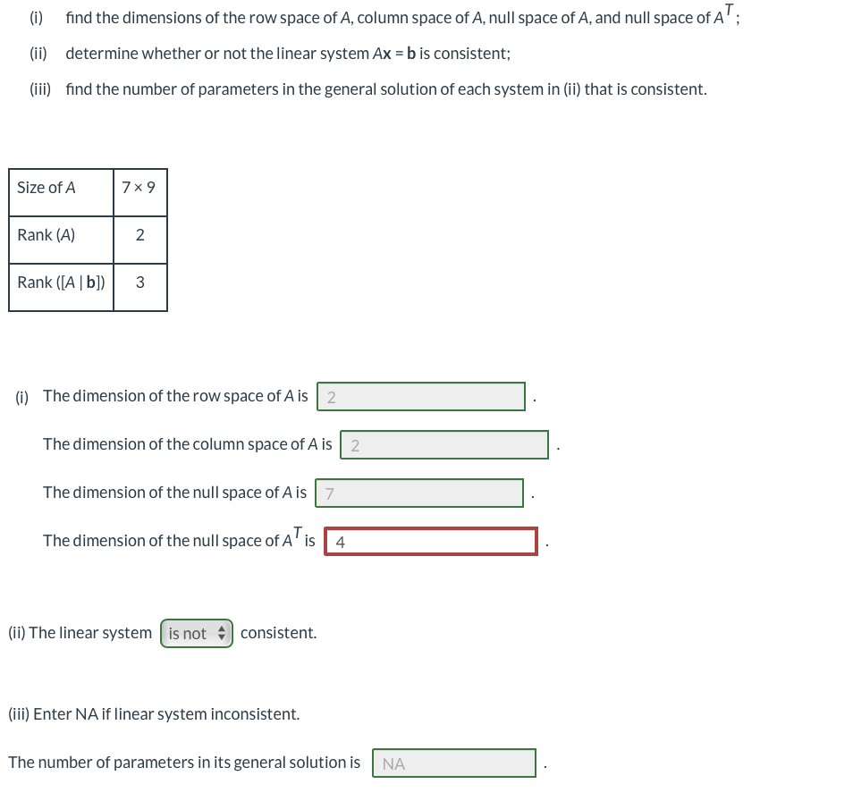 Solved (i) find the dimensions of the row space of A, column | Chegg.com