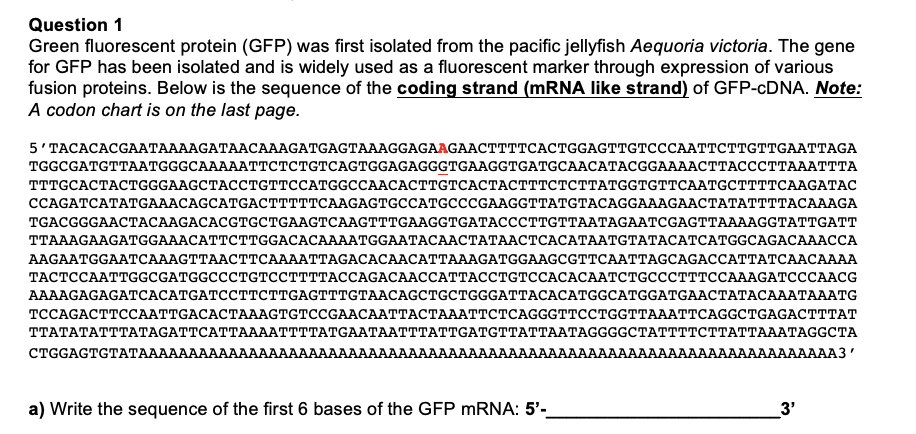Solved Question 1Green fluorescent protein (GFP) ﻿was first | Chegg.com